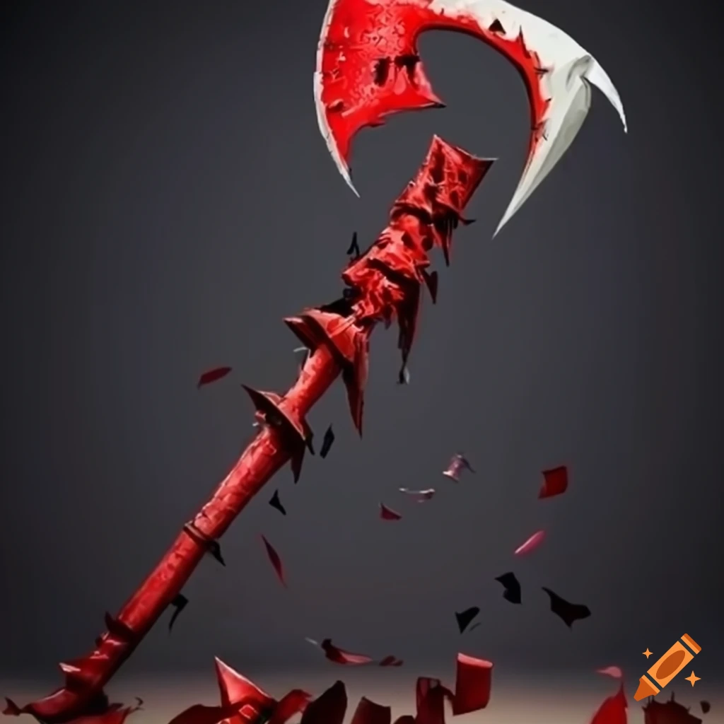 Red and black scythe with broken floating blade pieces on Craiyon