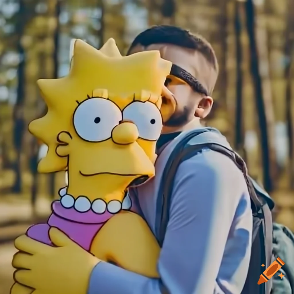 Lisa Simpson hugging a friendly young man with a backpack on Craiyon