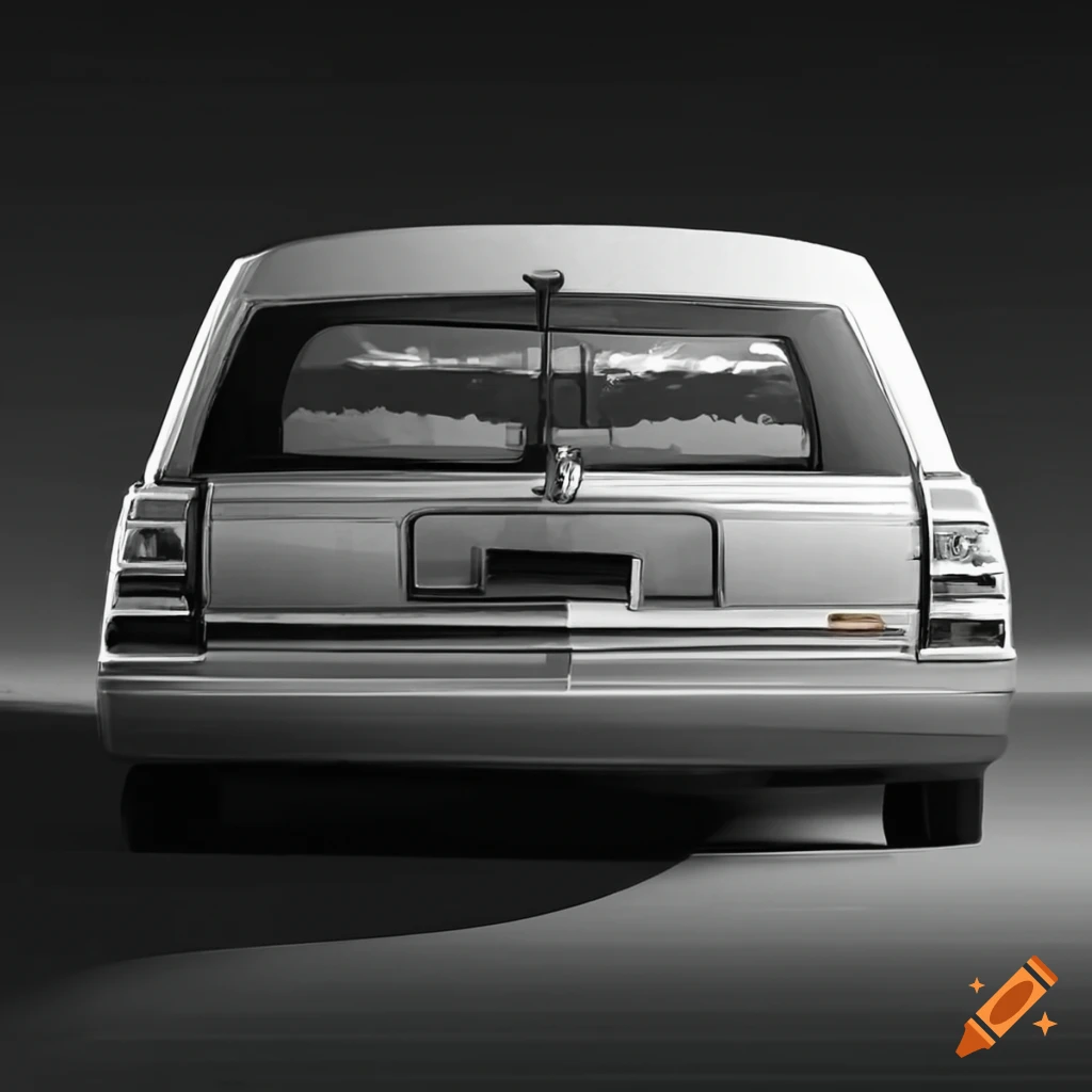 Vintage 1994 cadillac hearse rear view in black and white on Craiyon