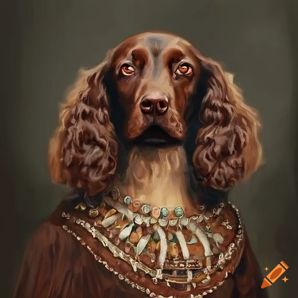 Ancient portrait painting of a field spaniel dressed as a king on Craiyon