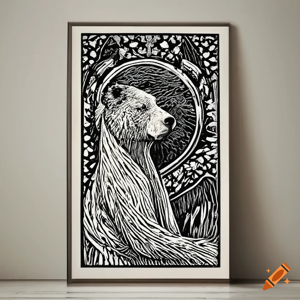 Monochrome linocut print of a lone bear with maximum contrast in Mucha ...