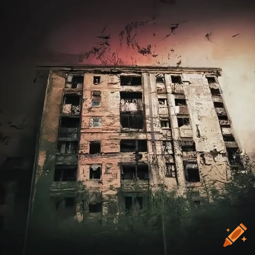 Exterior of an abandoned apartment building in a horror setting on Craiyon