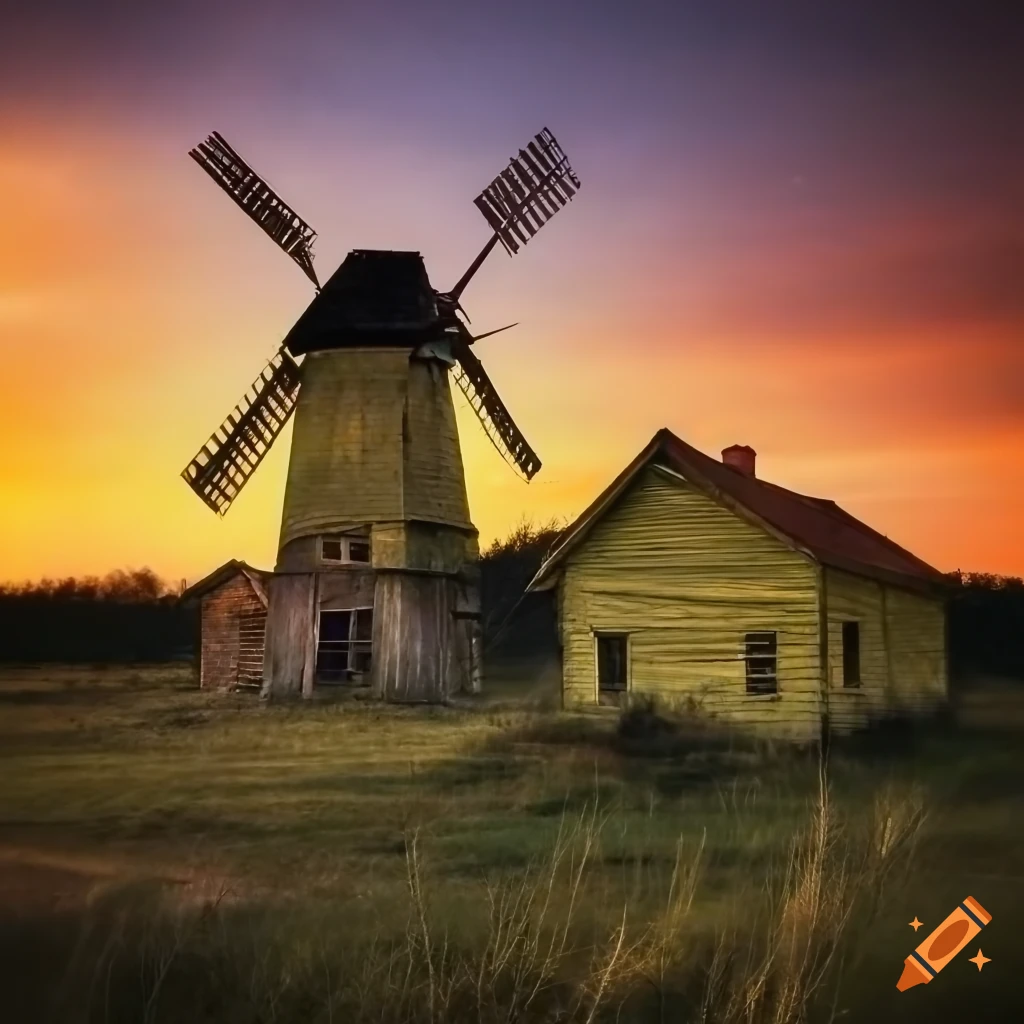 Old abandoned farmhouse with a windmill in a remote sunset setting on ...