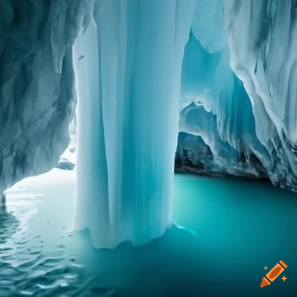 Translucent ice cavern with a large lake and caves underground on Craiyon