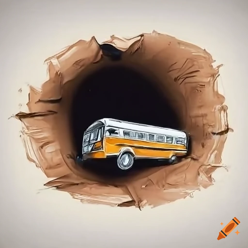 School bus falling into a large hole in the road on Craiyon