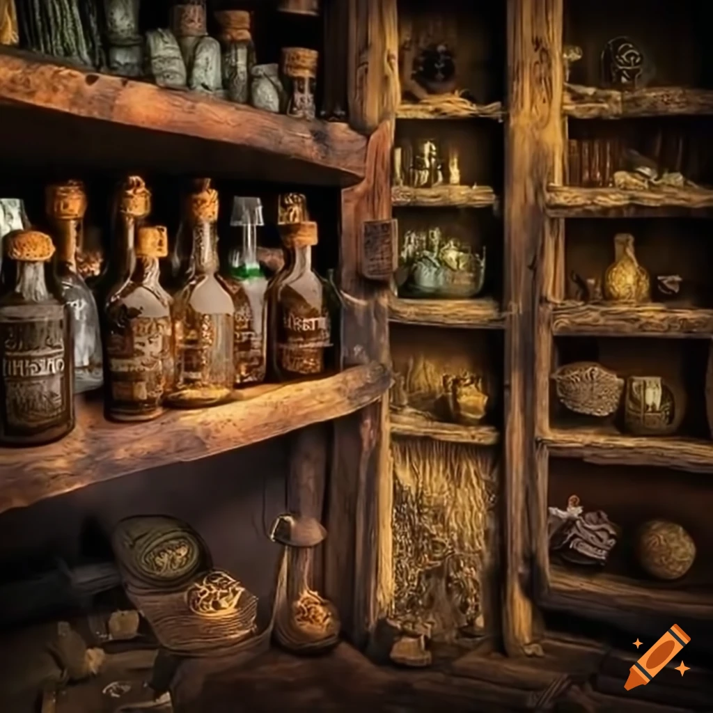 Alchemy chamber with shelves of bottles in enchanted forest town on Craiyon