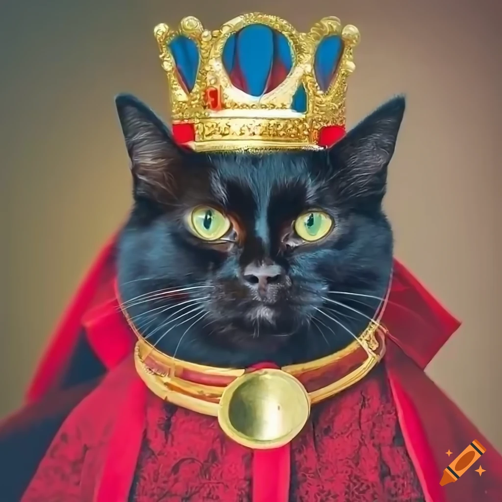 Majestic black cat in royal crown and red robes on Craiyon