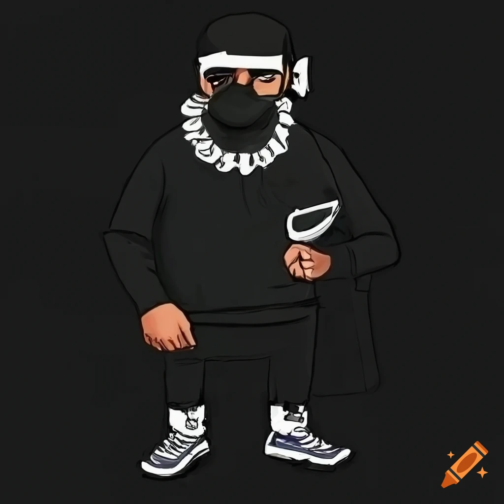 Cartoonish tech wear styled figure in all black with mask on Craiyon