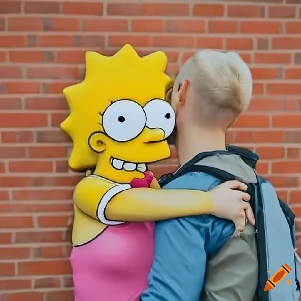 Lisa simpson hugging a friendly young man with a backpack on Craiyon