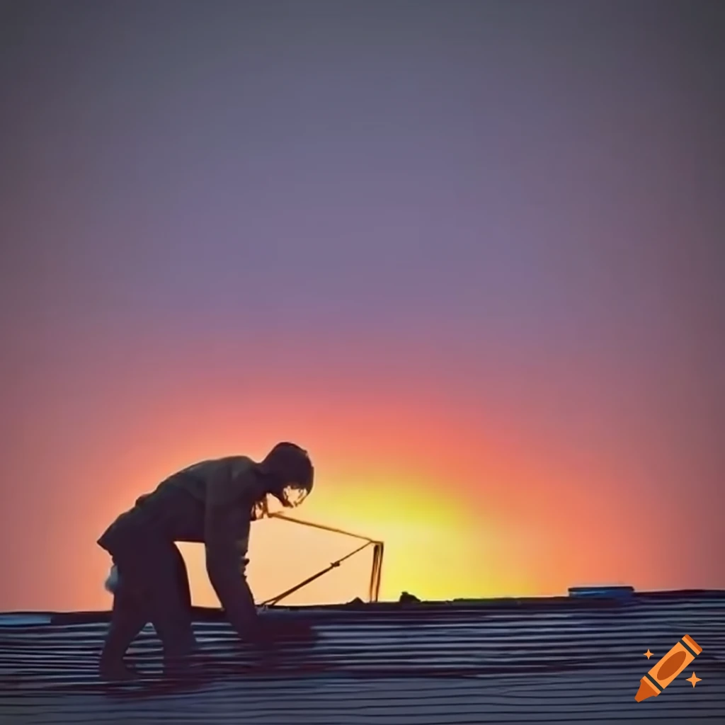 Men working on a roof with sunset in the background on Craiyon