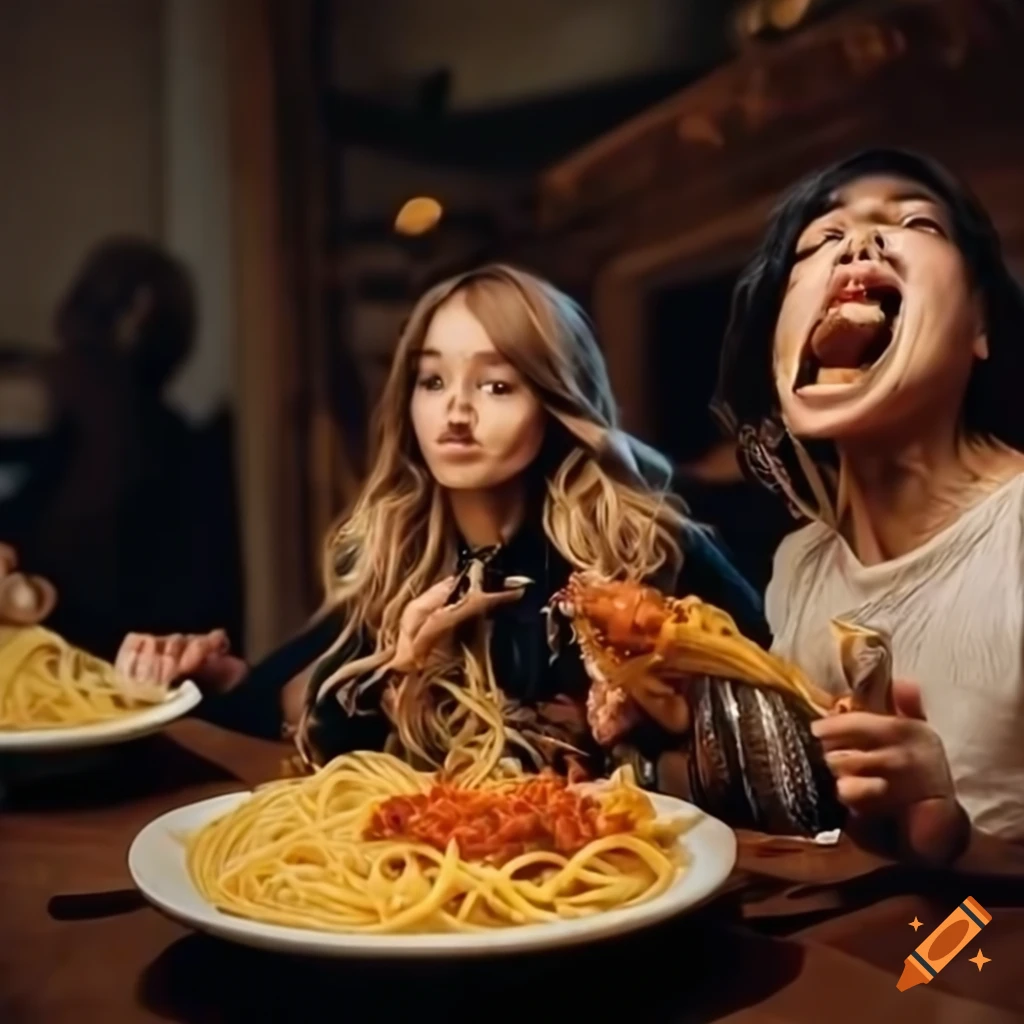 People enjoying spaghetti bolognese in a hyperrealistic scene on Craiyon
