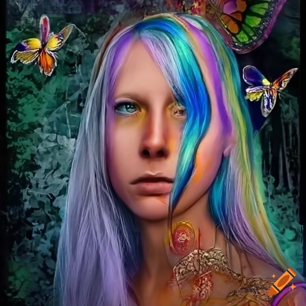 Colorful haired woman with extreme hyper realistic and detailed closeup ...