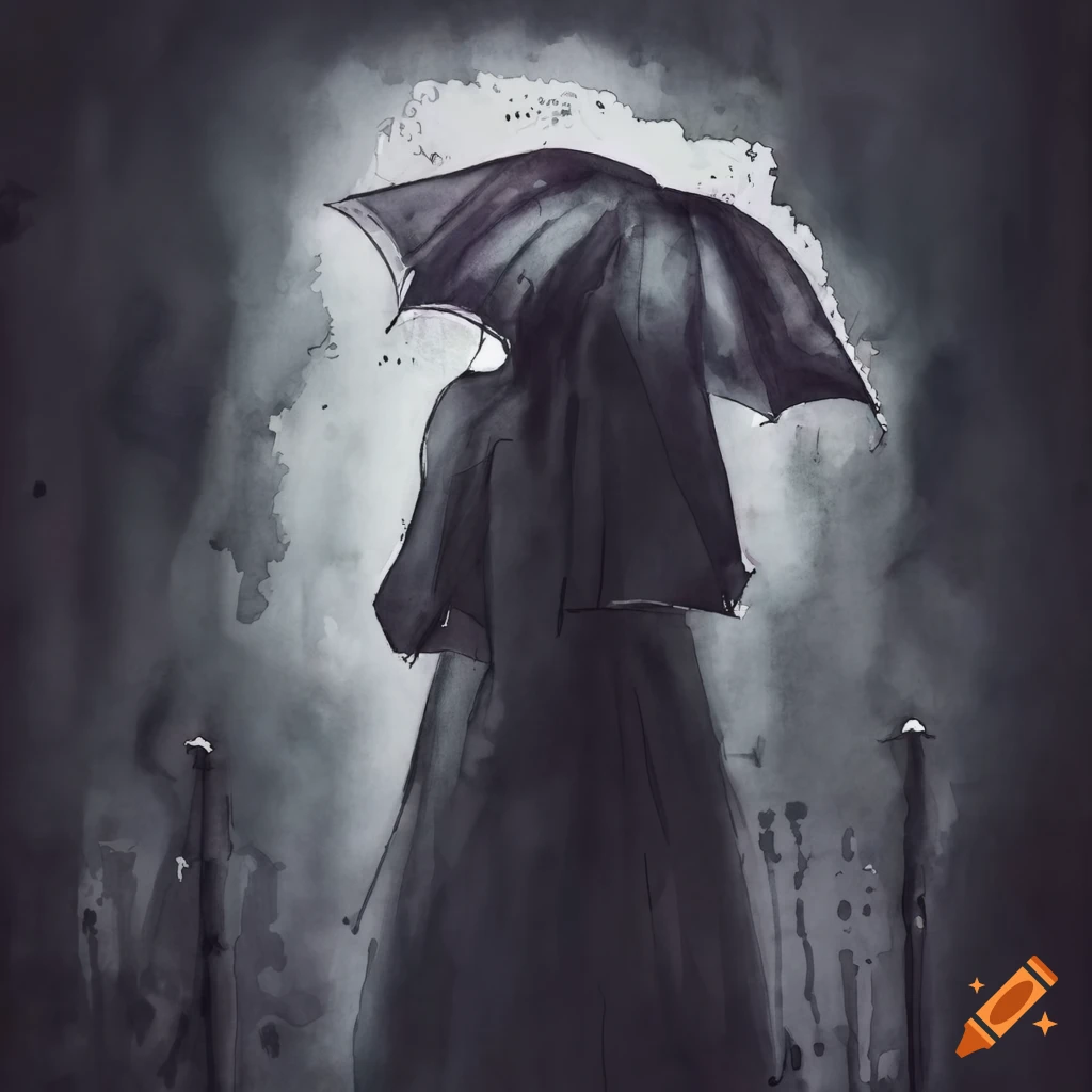 Woman with umbrella on a train station platform in a dark and creepy ...