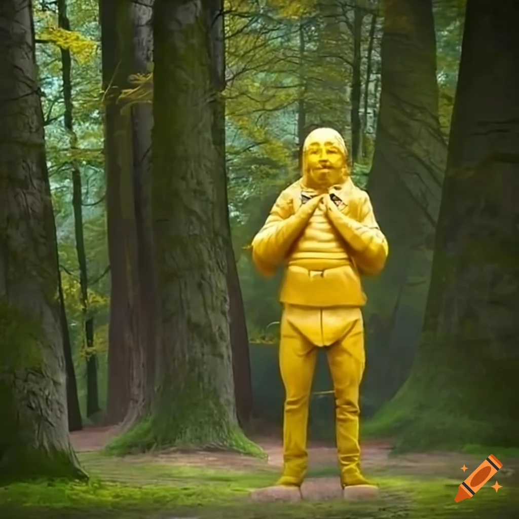 Man in yellow jacket praying to a giant statue in the woods on Craiyon