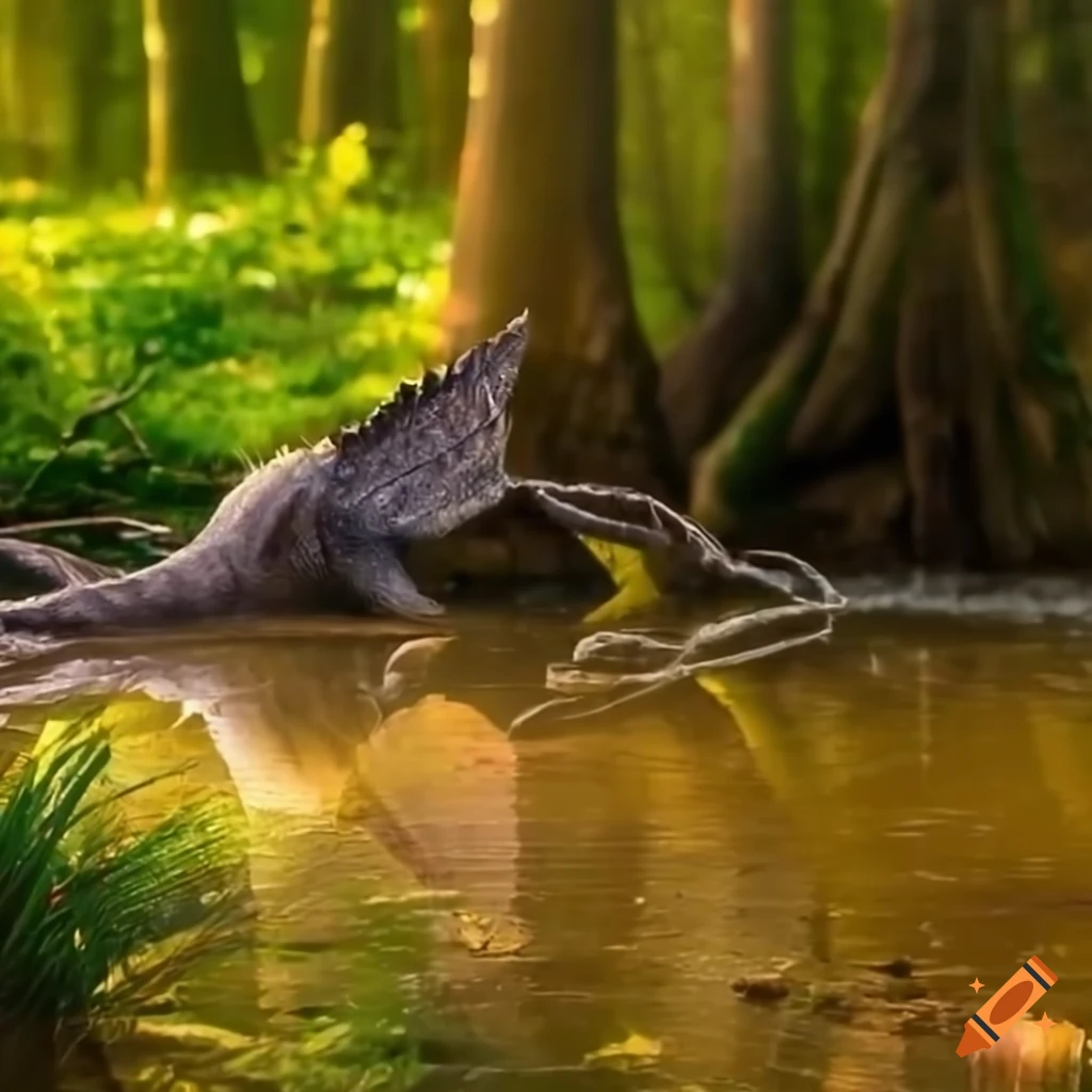 Dimetrodon basking in the morning sun on a muddy pond bank with fallen ...