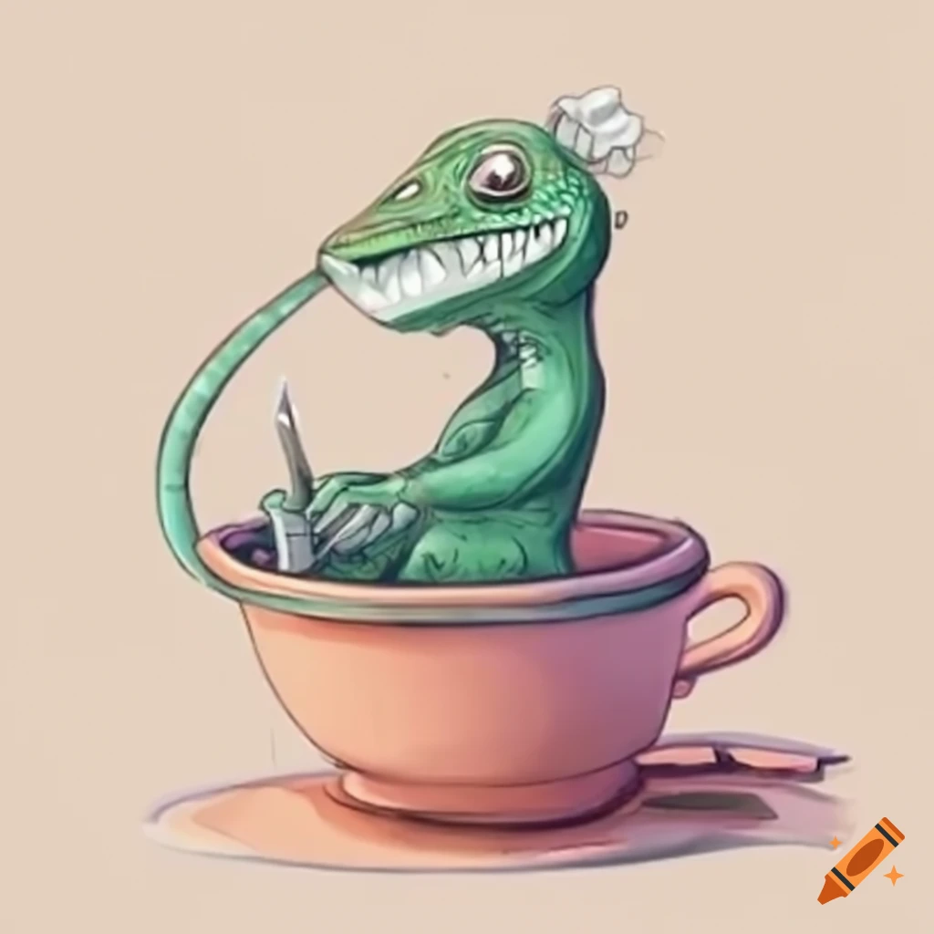 Anthropomorphic lizard bathing in a cup of coffee on Craiyon