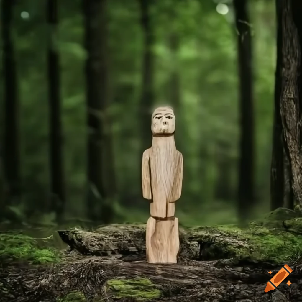 Satisfied crystal man with wooden idol in dense forest on Craiyon
