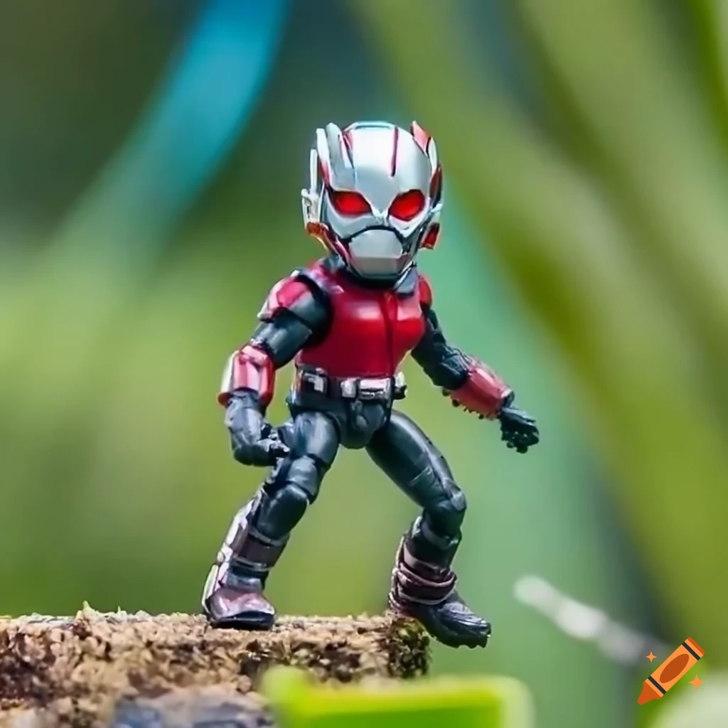 Miniature Marvel Ant-Man action-figure in a detailed garden setting on ...