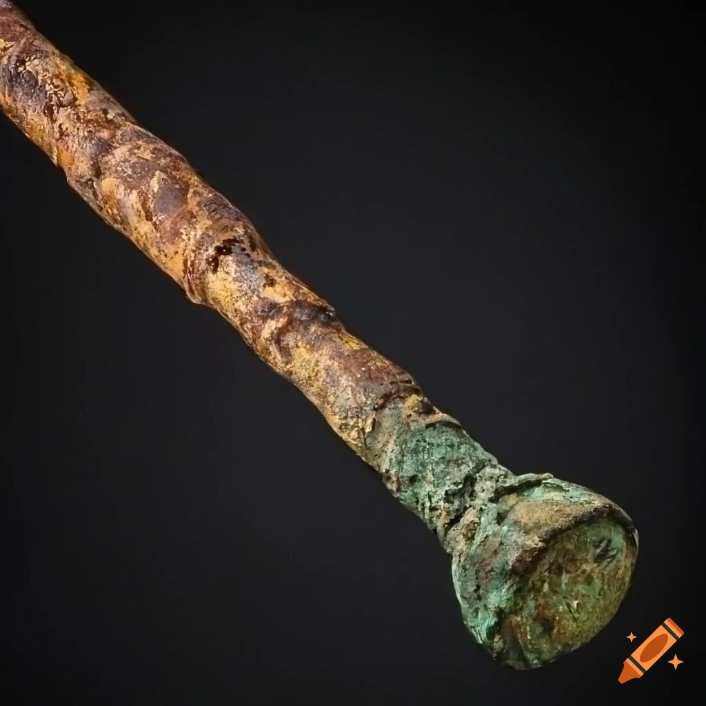 Ancient damaged and rusty bronze staff on Craiyon