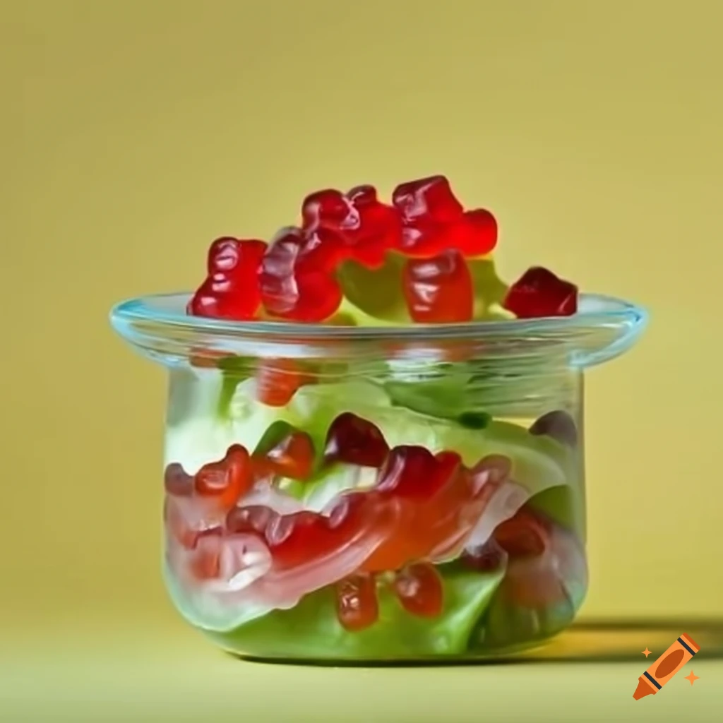 Salad topped with red gummy bears on yellow background on Craiyon