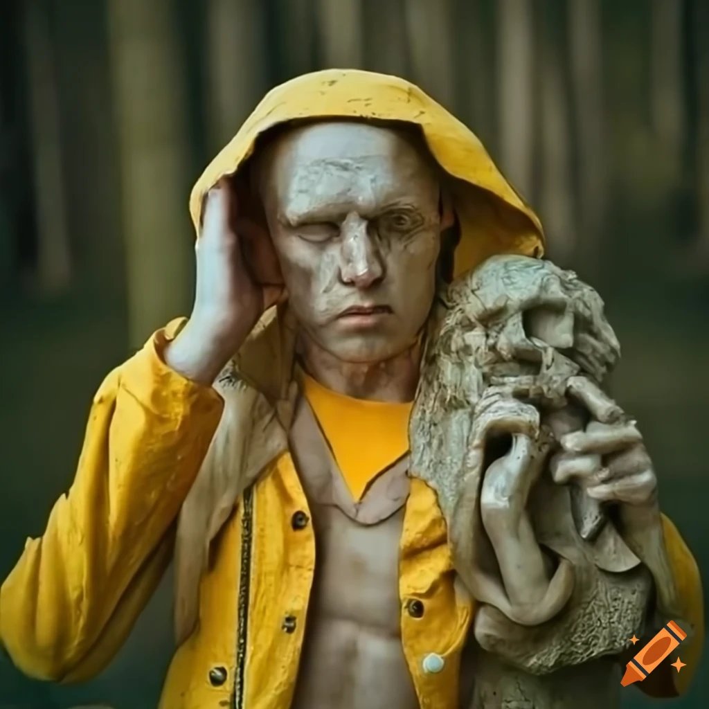 Man in yellow jacket praying to a grotesque statue in the woods on Craiyon