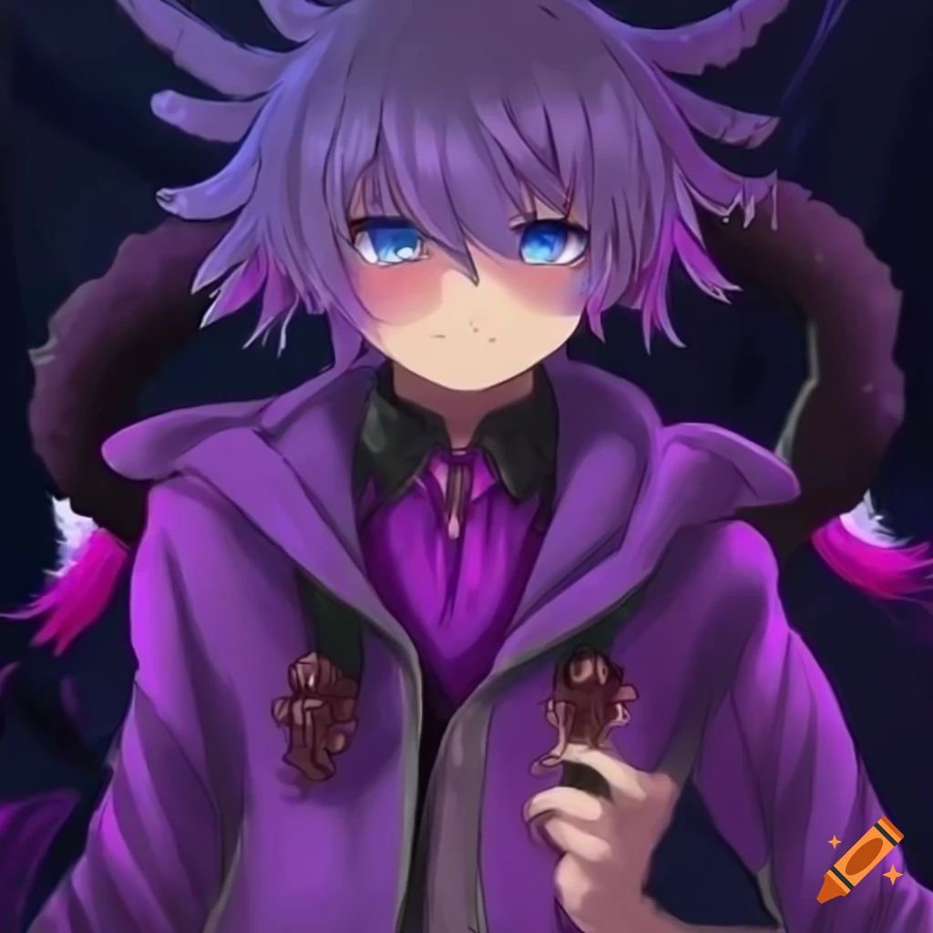 Epic anime axolotl boy with black purple hair, dark skin and gills ...