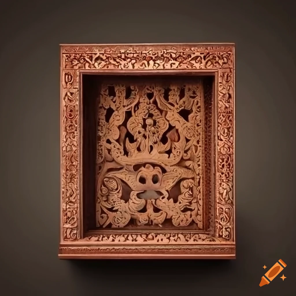 Wooden storage box with ancient indian style carvings on Craiyon
