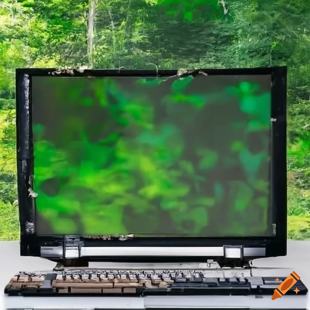 Old damaged computer screen in a natural landscape on Craiyon
