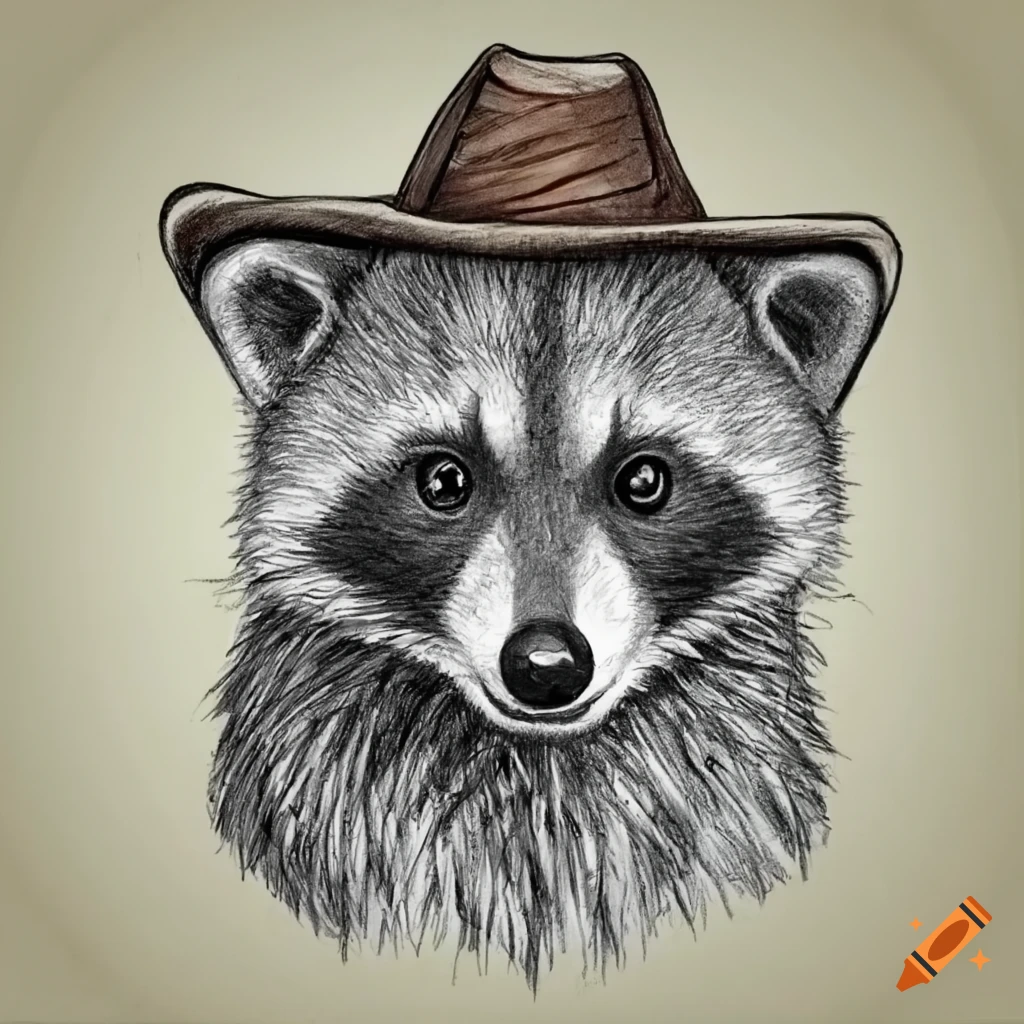 Realistic sketch of a racoon wearing a cowboy hat on Craiyon