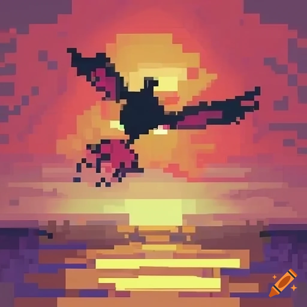 Rapture with people ascending on a flying flamingo during sunset in ...