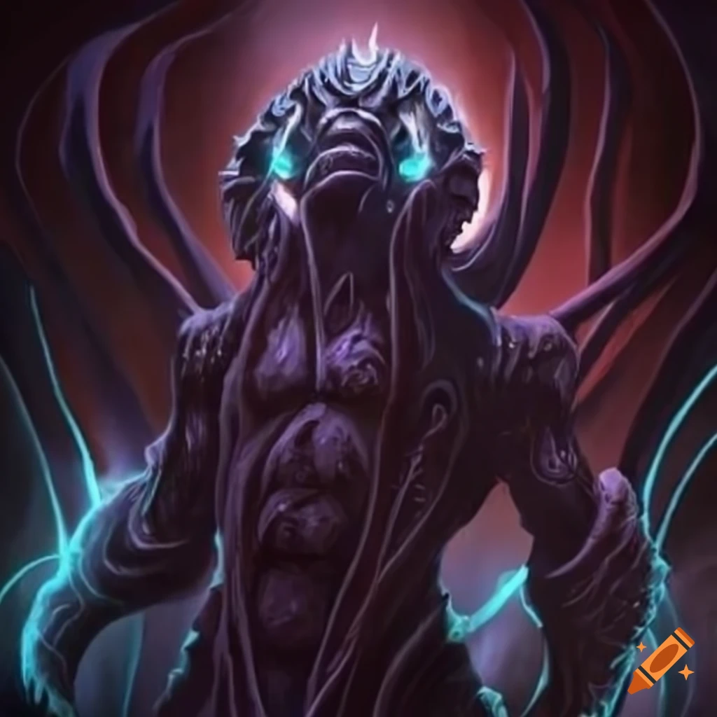 Depiction of primordial creatures and ancient gods with cosmic power on ...