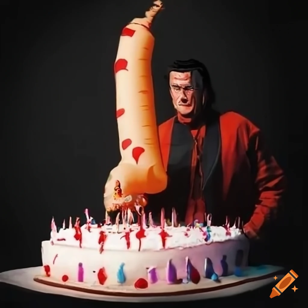 Actor with an inflatable tube man eating a birthday cake on Craiyon