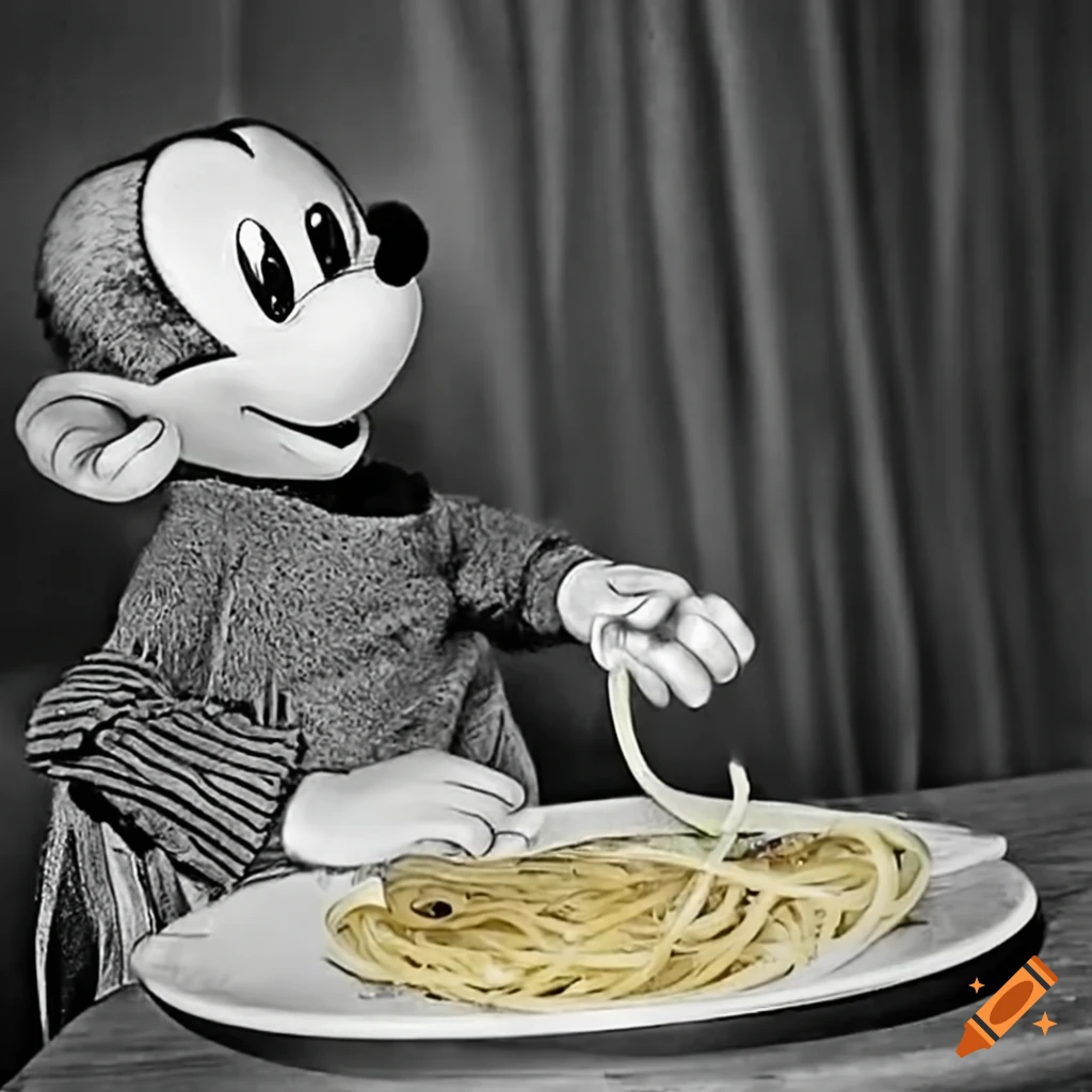 1928 mickey mouse enjoying spaghetti bolognese on Craiyon