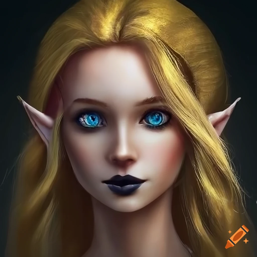 Pretty friendly elf with long golden hair and dark blue eyes wearing ...