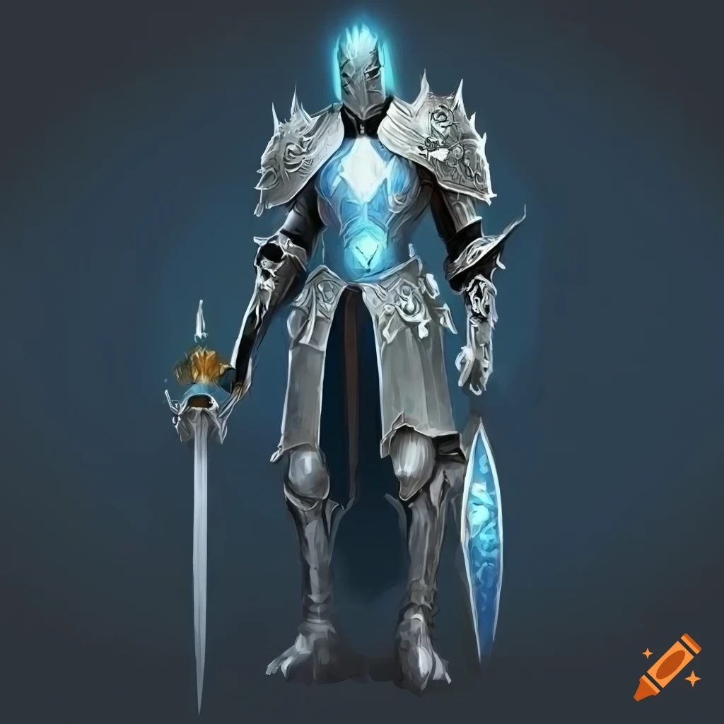 Ethereal fantasy knight in blue light with sword and shield on Craiyon