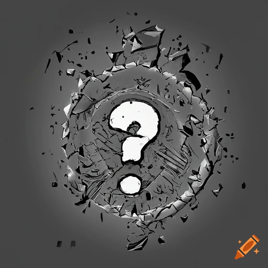 Horizontally mirrored question mark with fragments from an explosion in ...