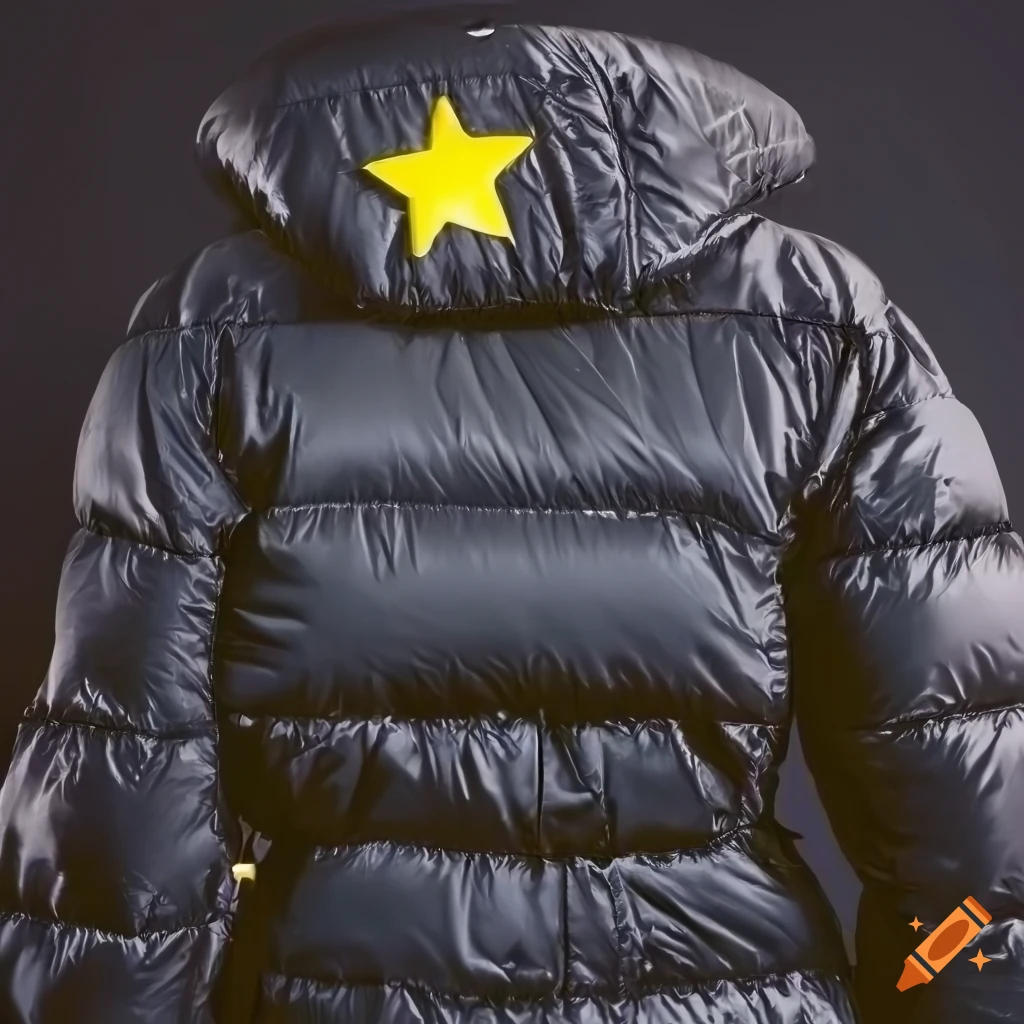 Black puffer jacket with yellow star on black background on Craiyon
