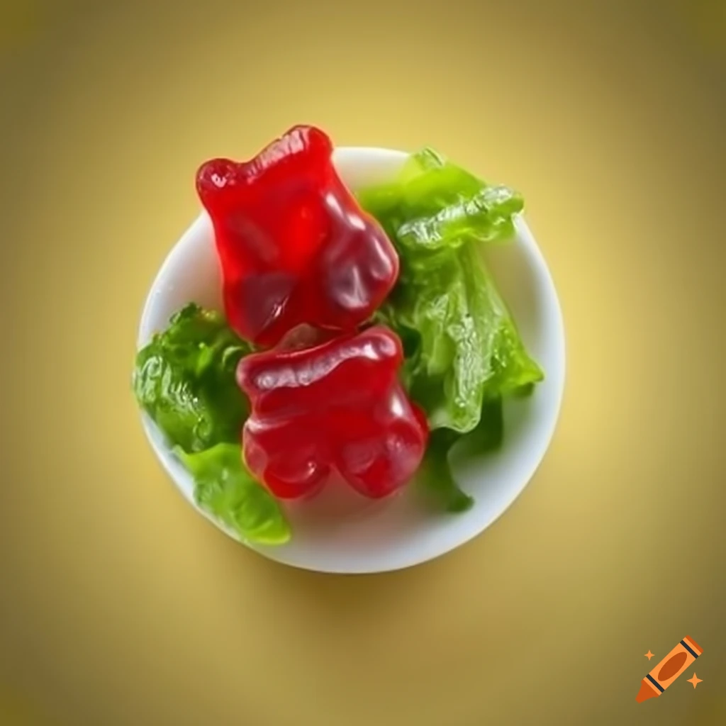 Salad topped with red gummy bears on yellow background on Craiyon