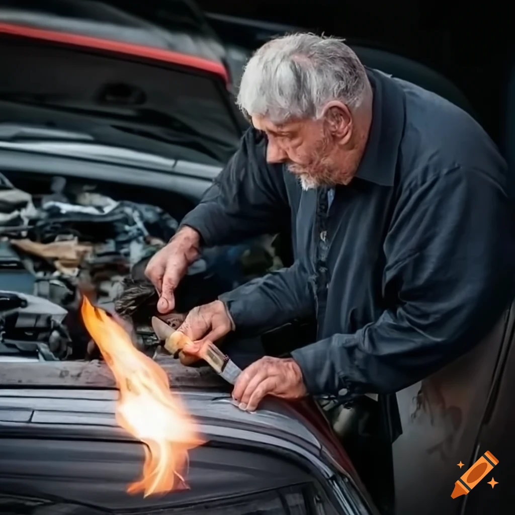 Elderly man with gray hair working on a car in a workshop with various ...