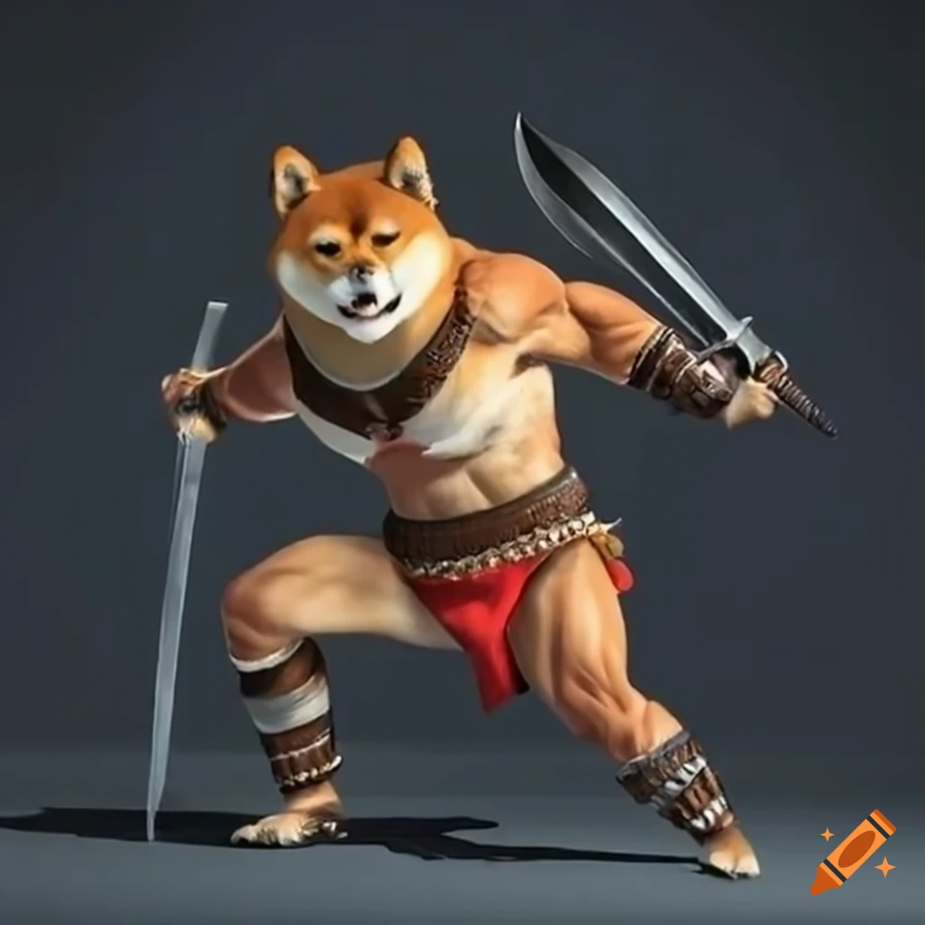 Muscular shiba inu as "conan the barbarian" wielding a sword on Craiyon
