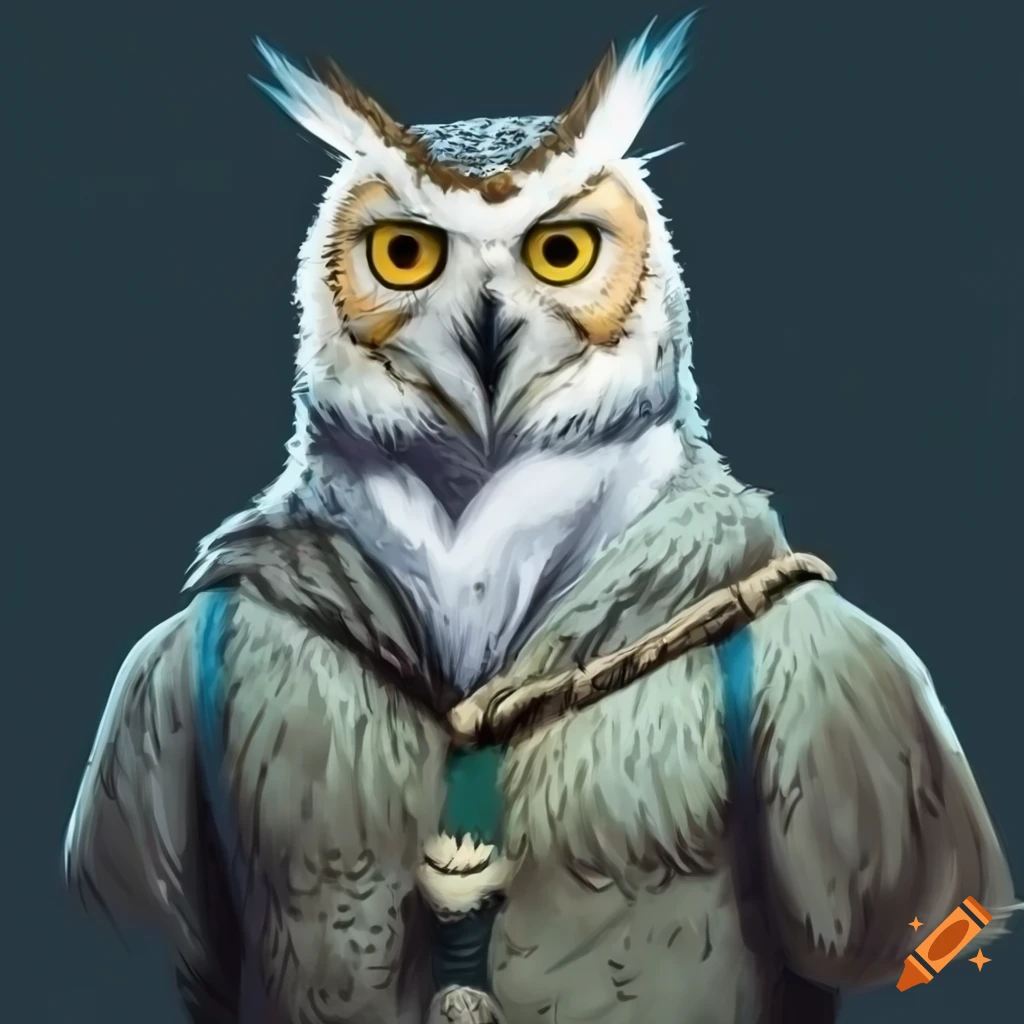 Snowy horned owl man character artwork on Craiyon