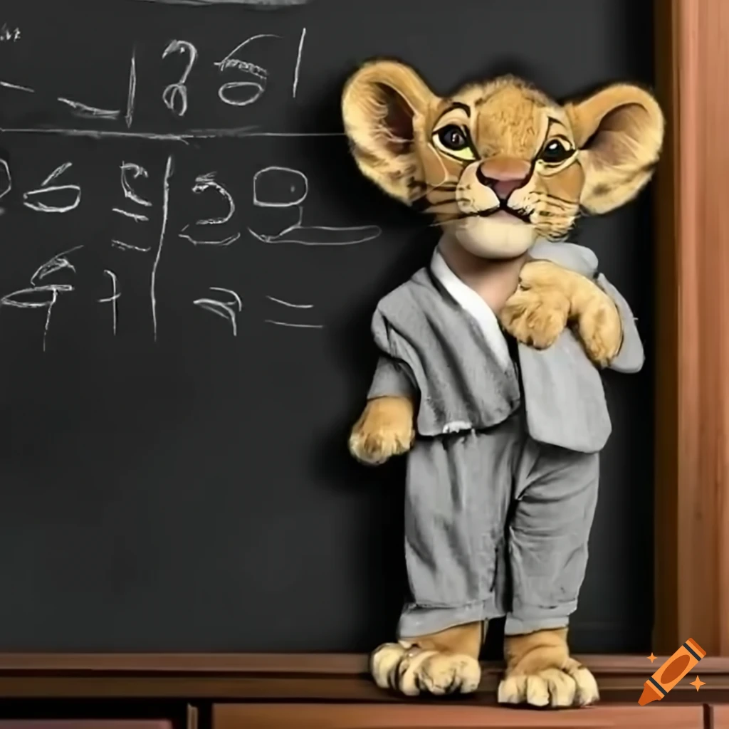 Anthropomorphic Simba in classroom with a despairing expression on Craiyon
