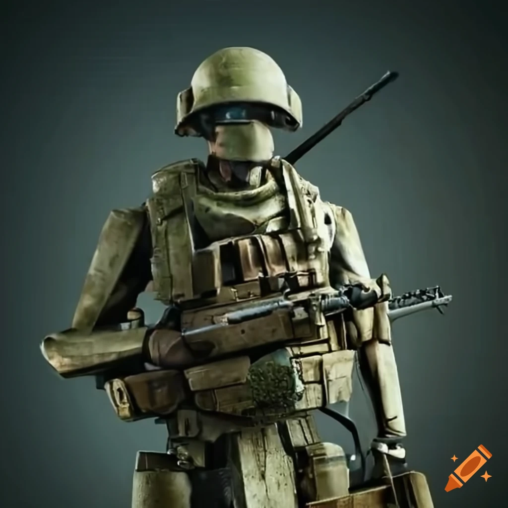 Ww2 robot soldier with battle gear firing weapon on normandy beach on ...