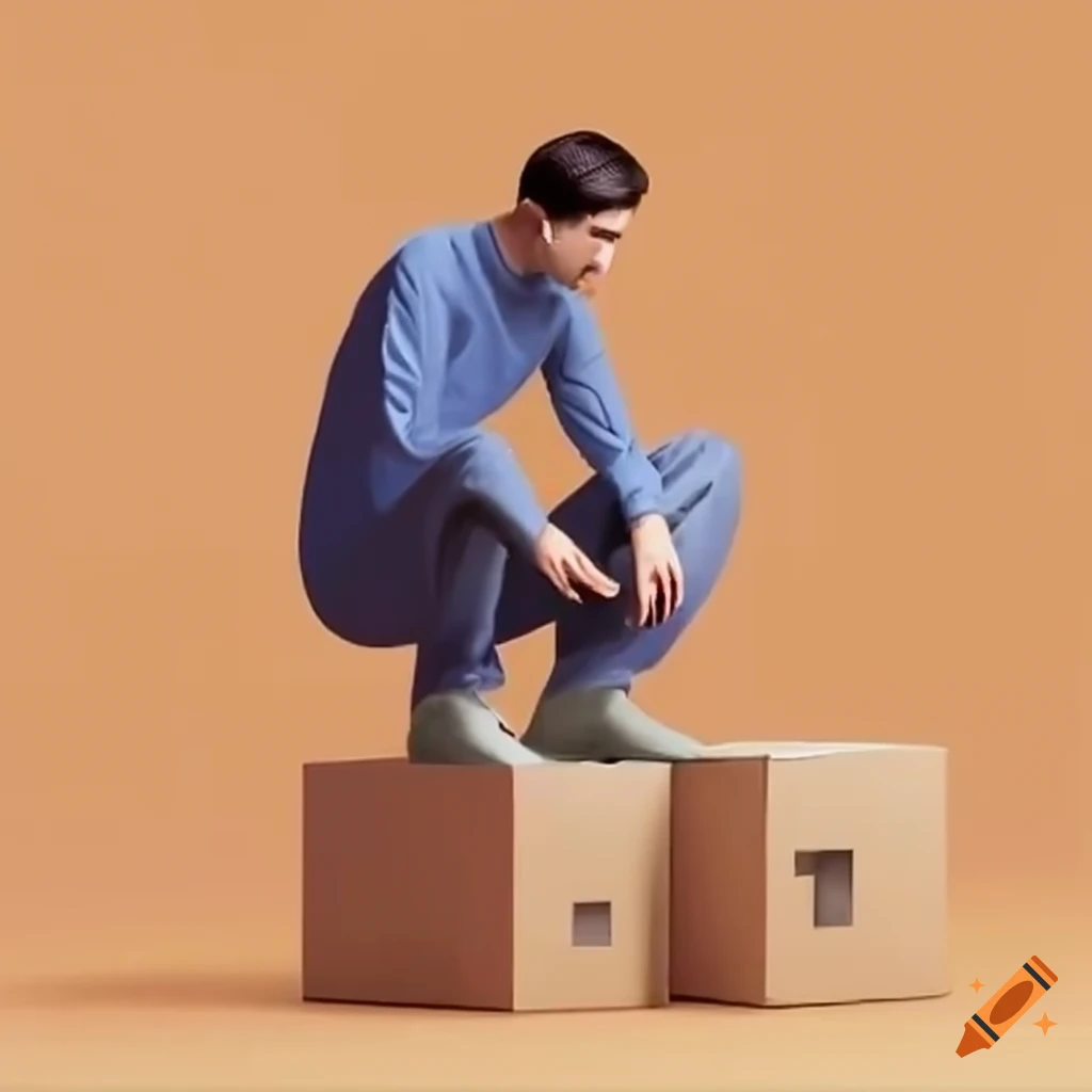 Man sitting on boxes on Craiyon