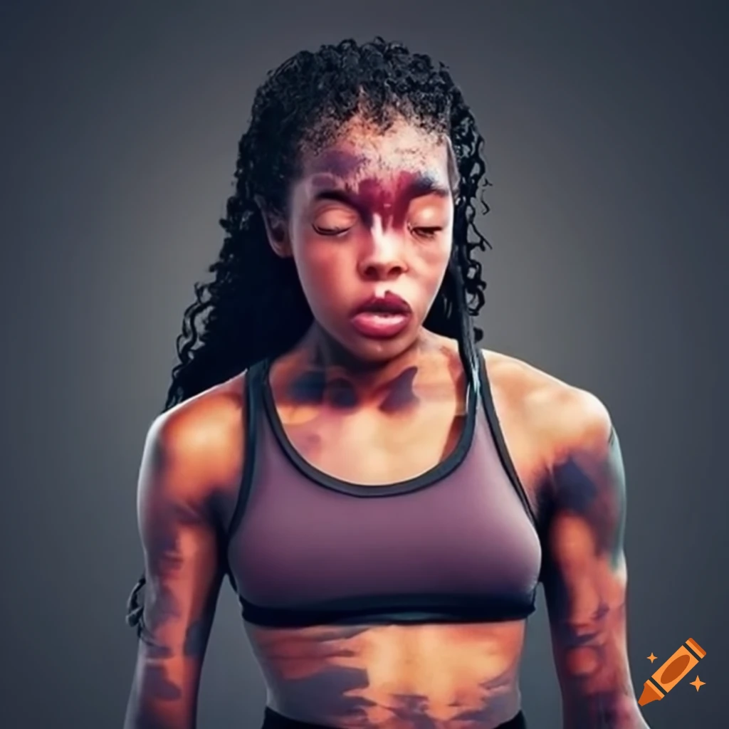 Young woman fighter with bruised face and dizzy expression on Craiyon