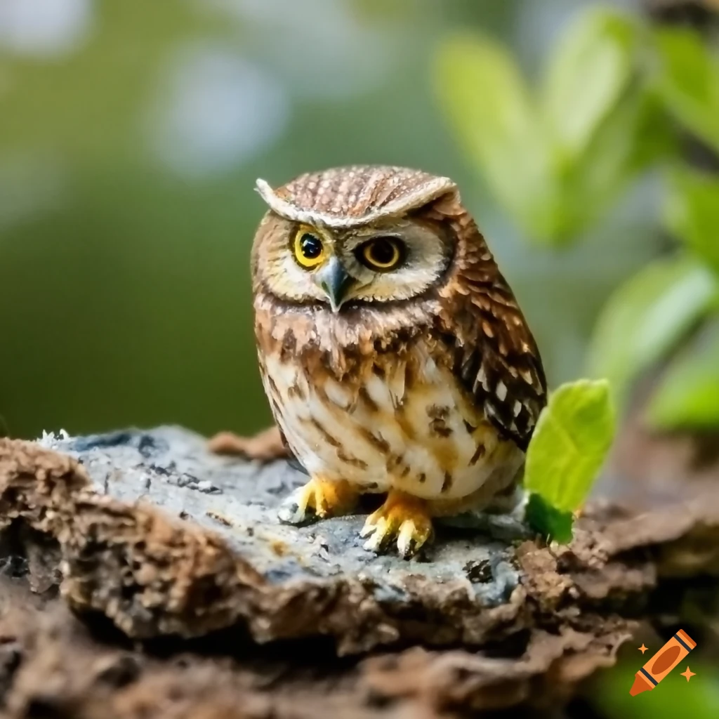 Miniature diorama featuring a small owl in a product photo on Craiyon