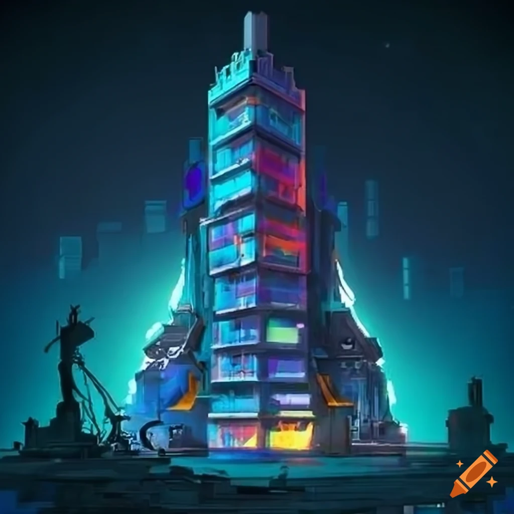 Sci-fi building with abstract design and vibrant colors on Craiyon