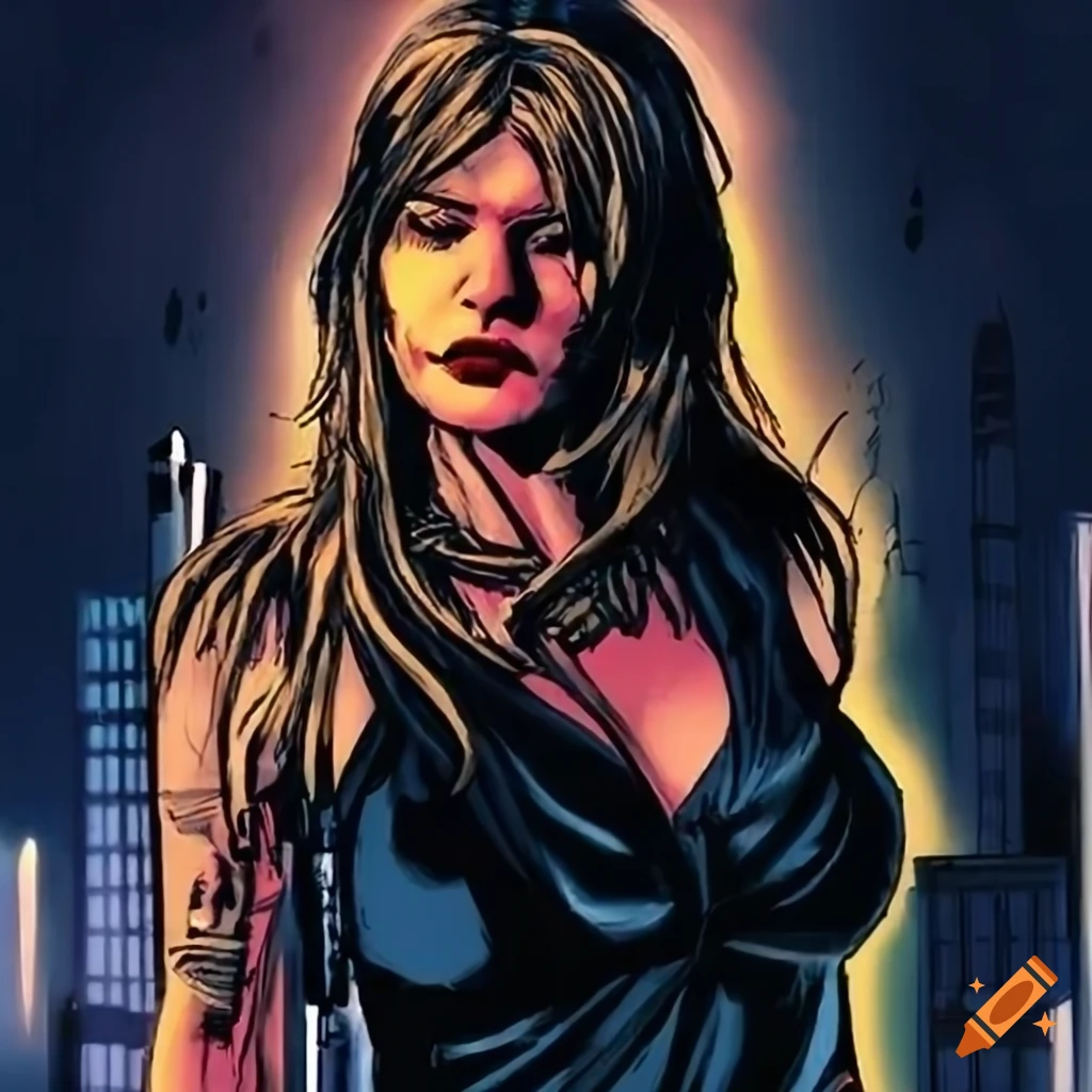 Jennifer jason leigh as femme fatale against city skyline in frank ...