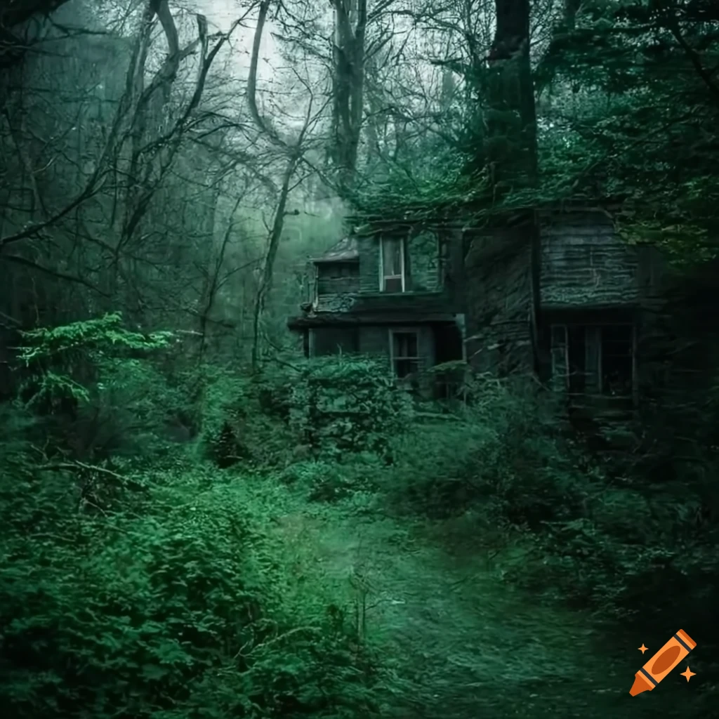 Dark and dense forest with an old dilapidated house and overgrown yard on Craiyon