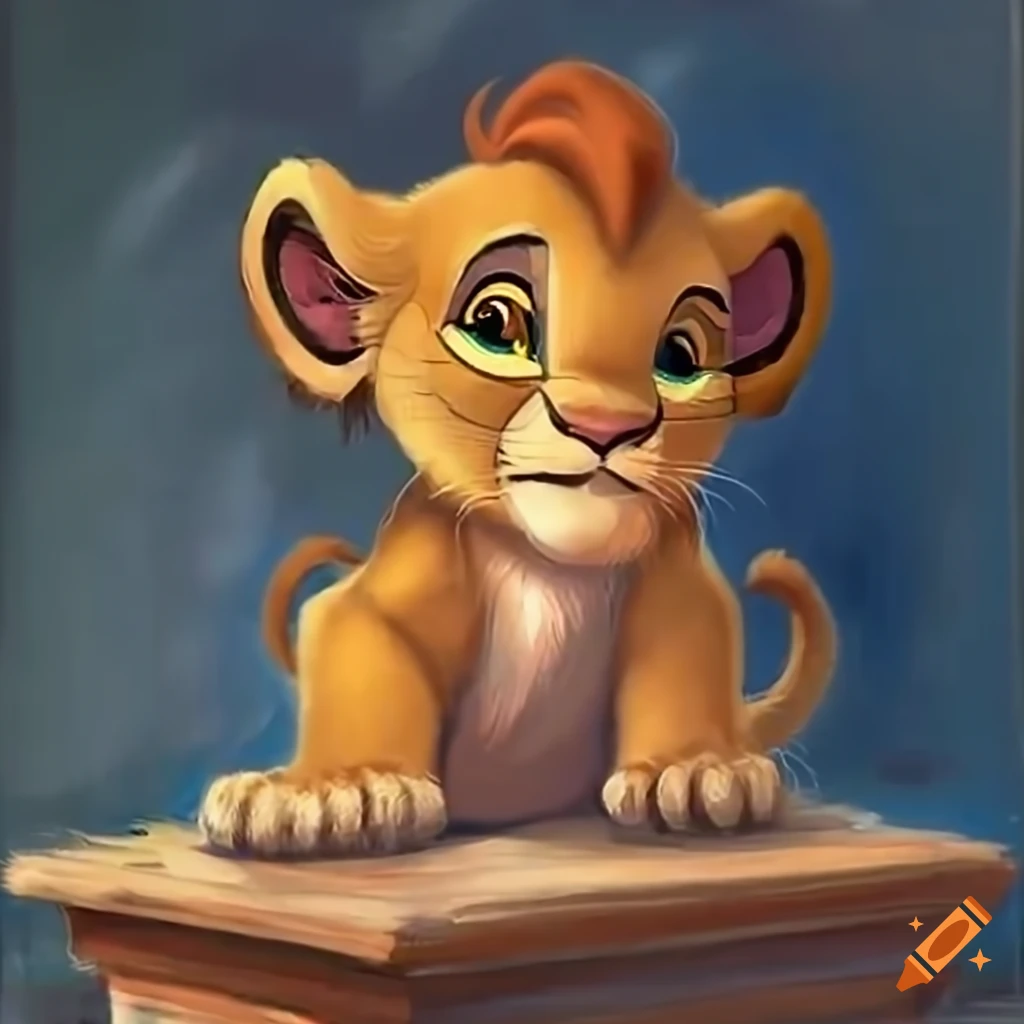 Anthropomorphic Simba in classroom at blackboard with despair ...